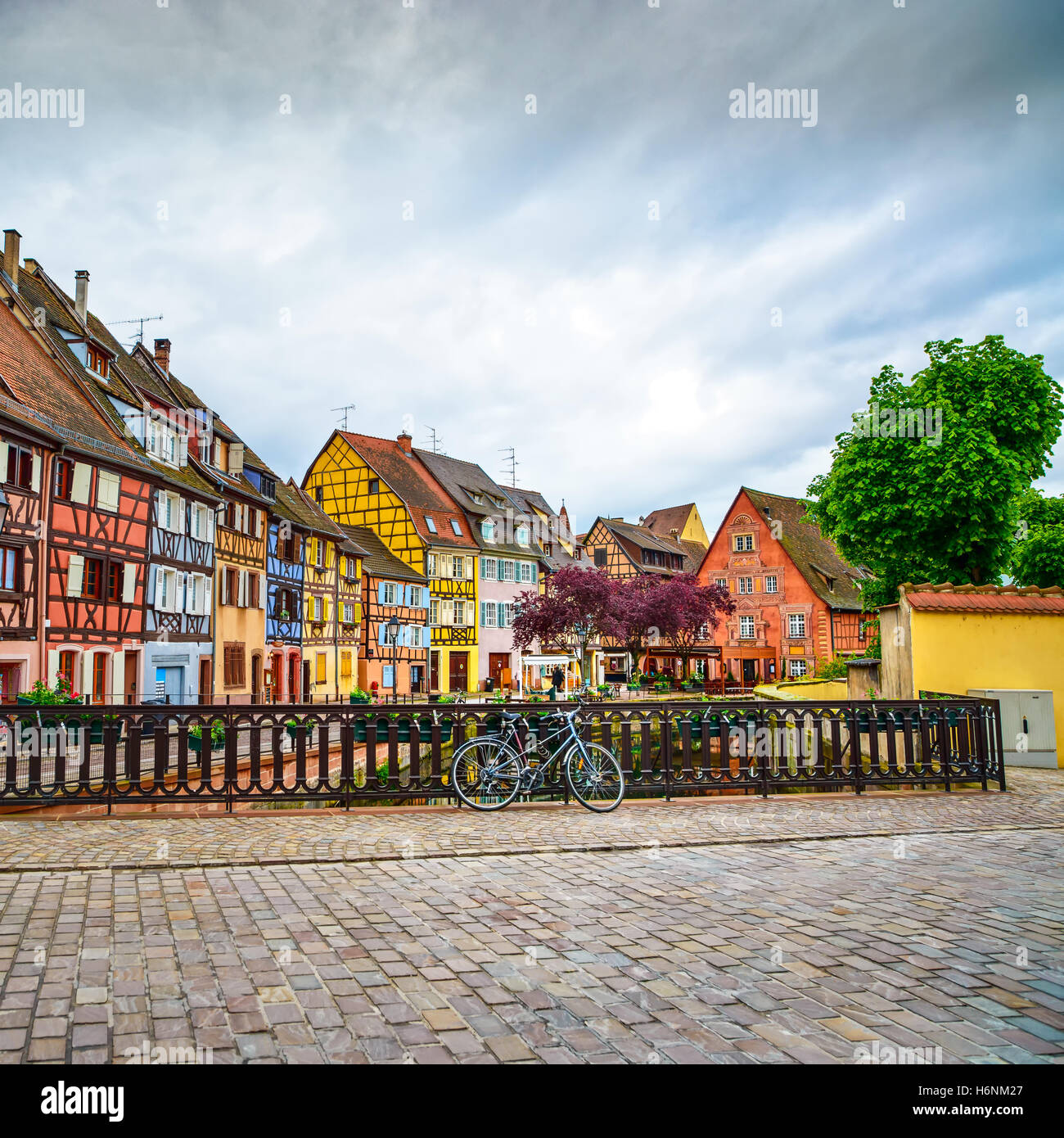 Colmar, Petit Venice, bridge on water canal, bike and traditional ...