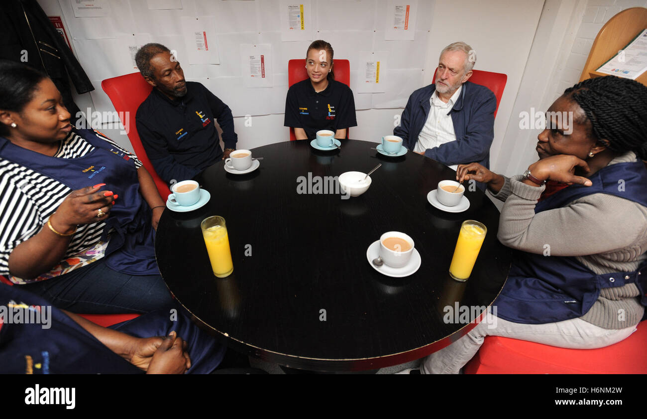 Labour Party leader Jeremy Corbyn speaks with (from the left) Ashia ...