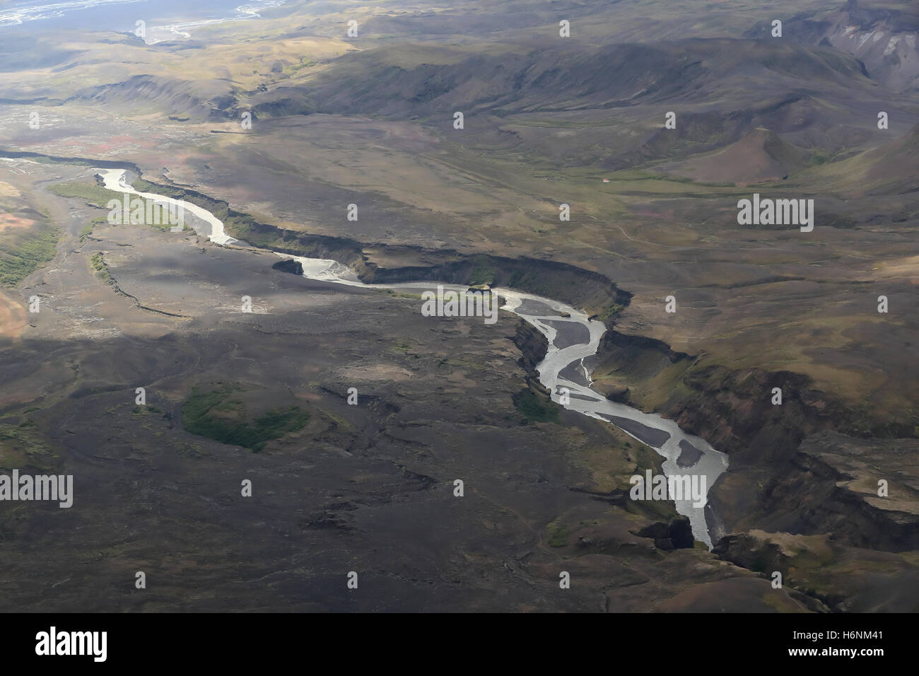 Aerial photo of rivers and lakes, mountain in the highlands of Iceland ...