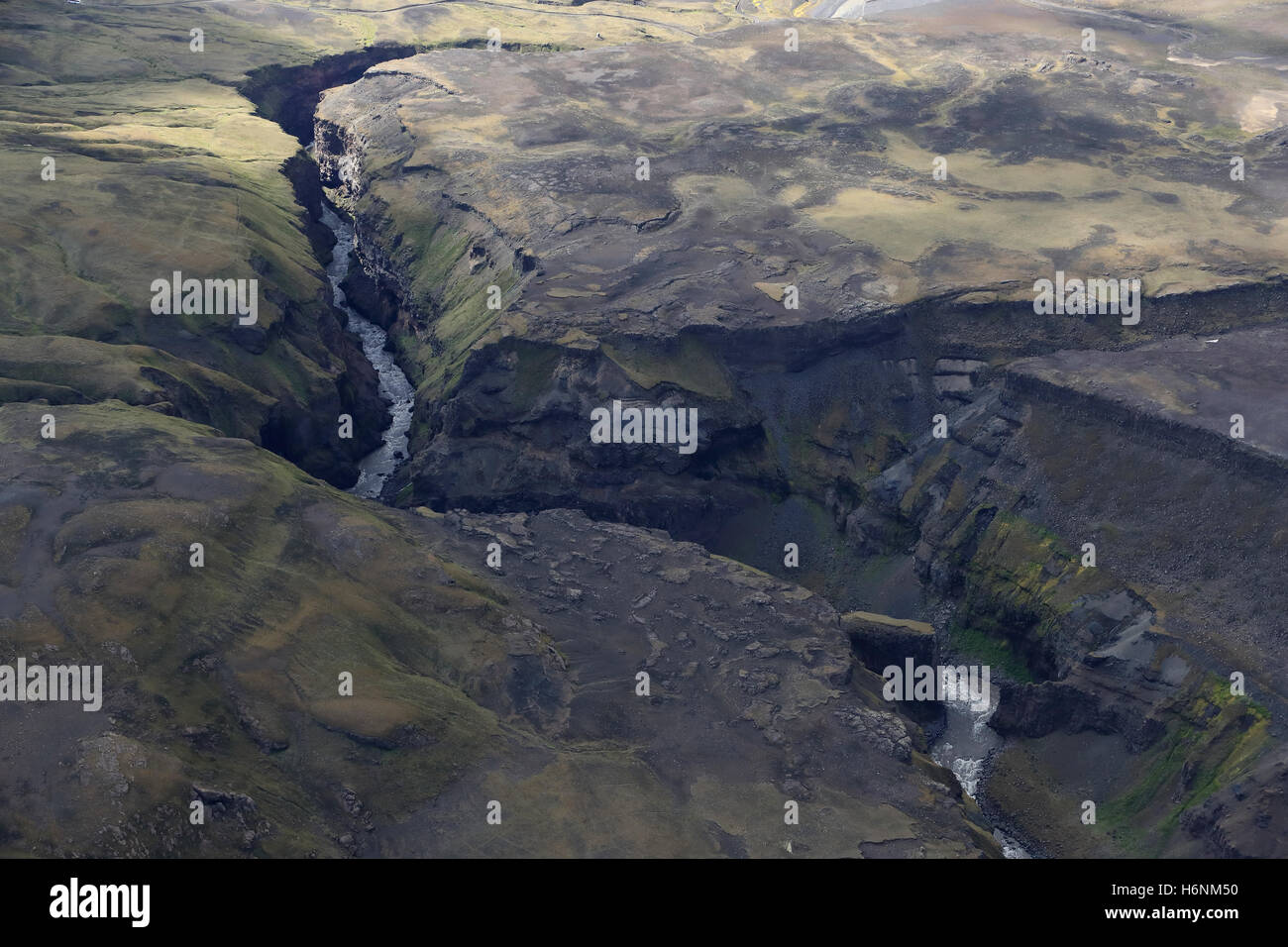 Aerial photo of rivers and lakes, mountain in the highlands of Iceland ...
