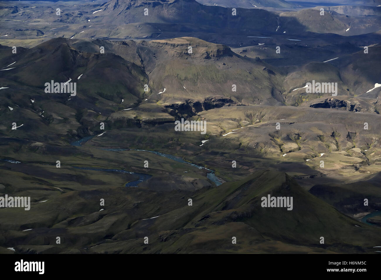 Aerial photo of rivers and lakes, mountain in the highlands of Iceland ...