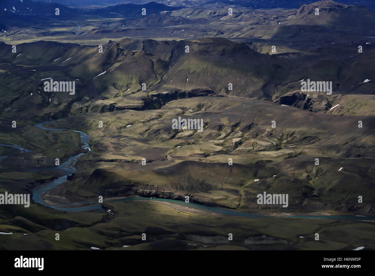 Aerial photo of rivers and lakes, mountain in the highlands of Iceland ...