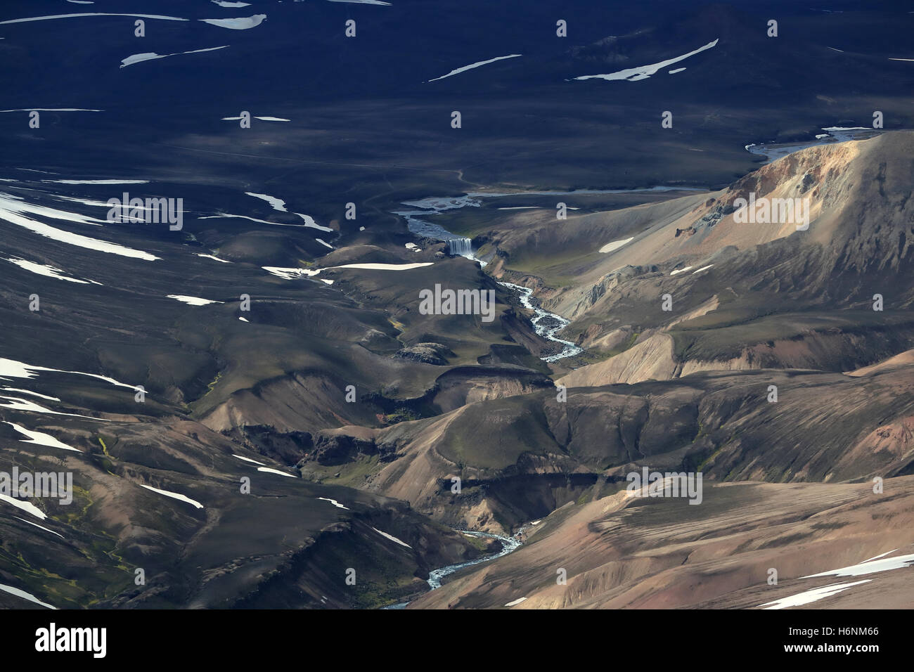 Aerial photo of rivers and lakes, mountain in the highlands of Iceland ...
