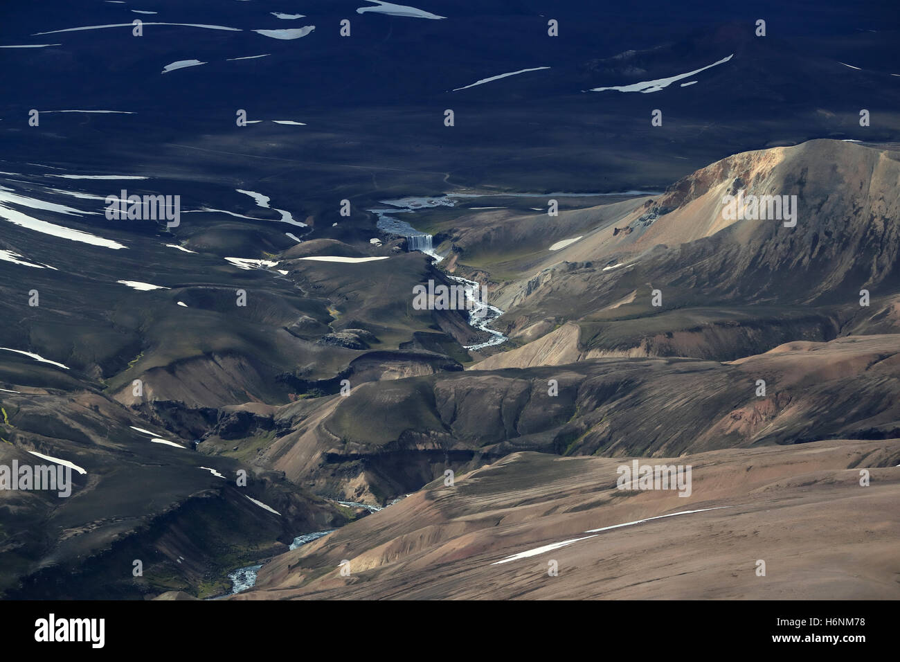 Aerial photo of rivers and lakes, mountain in the highlands of Iceland ...