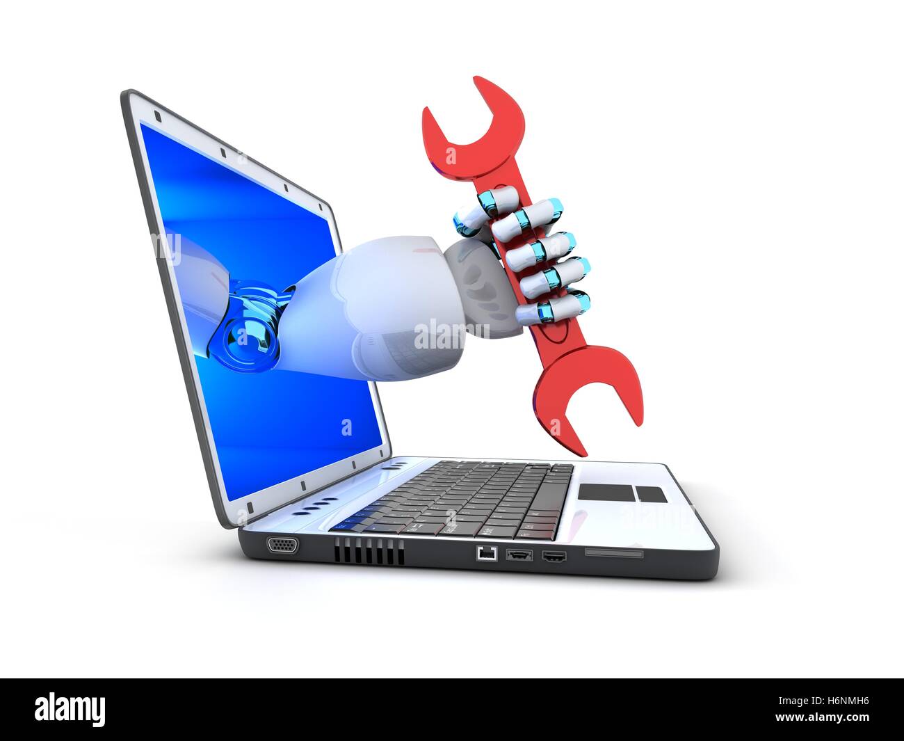 Laptop and red key in robot hand. Symbol repair computer (done in 3d ...