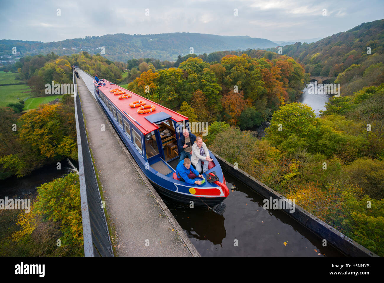 Canal boat on the Llangollen Canal,126ft above the River Dee on the ...