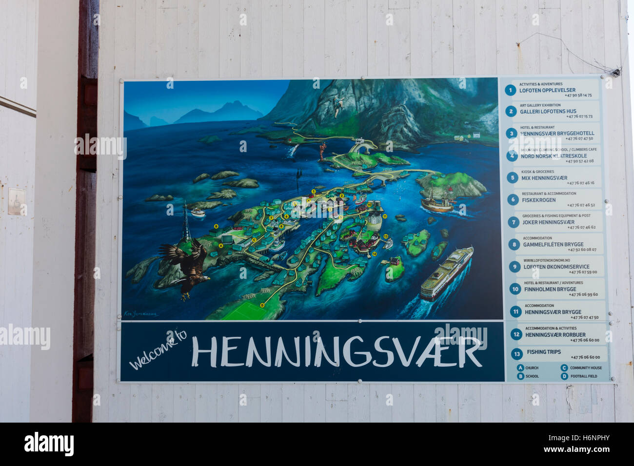 Tourism map of Henningsvaer, Lofoten Islands, Norway. Shows the islands ...