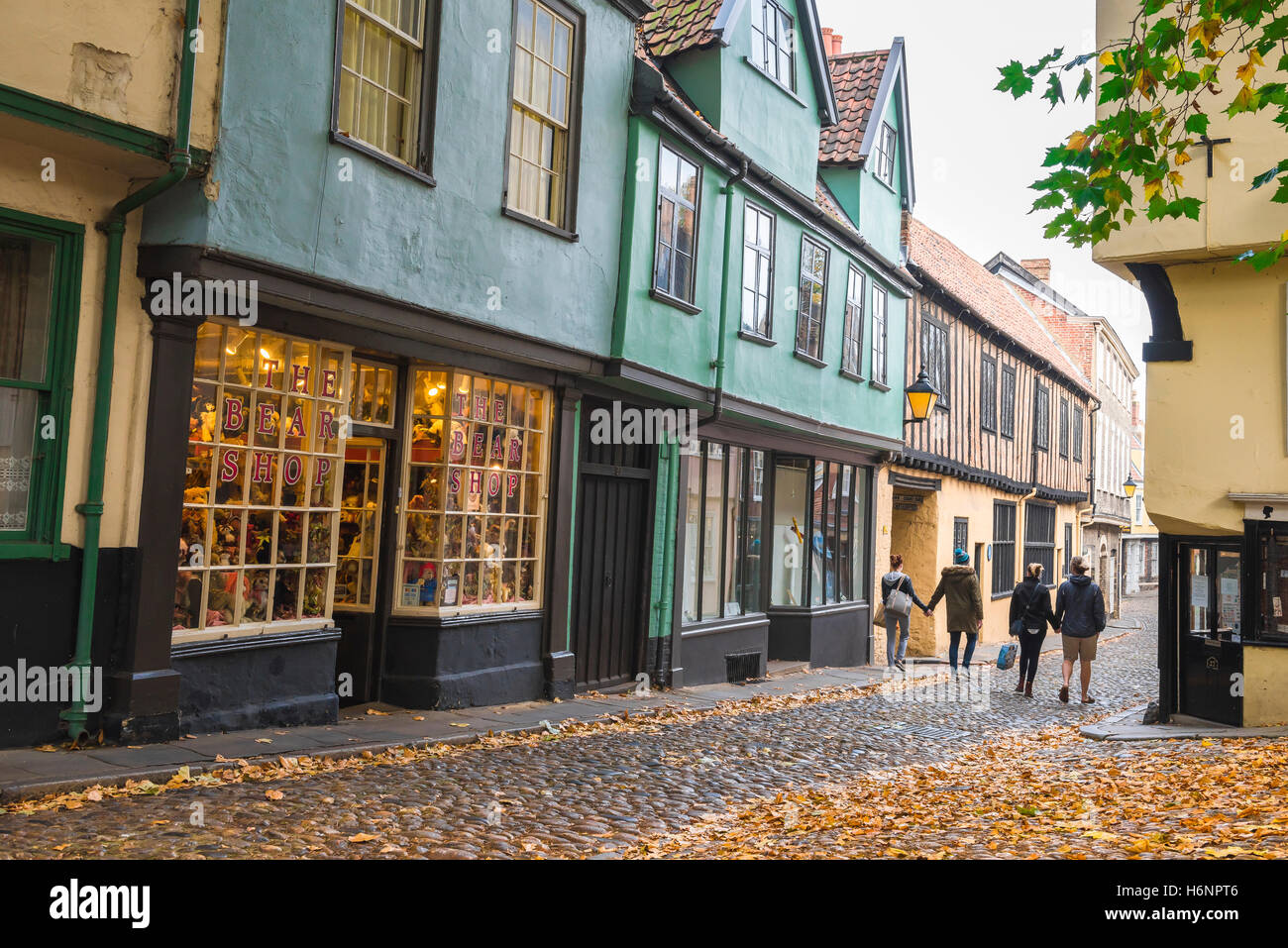 Norfolk tourism, rear view of tourists strolling through the Elm Hill ...