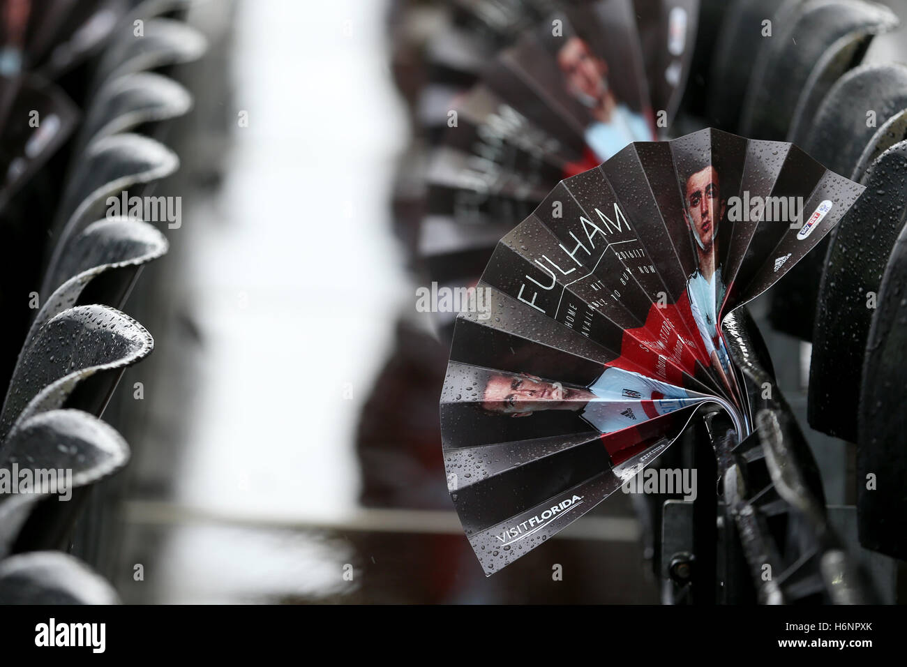 Fulham cardboard clappers on the seats inside Craven Cottage before the ...