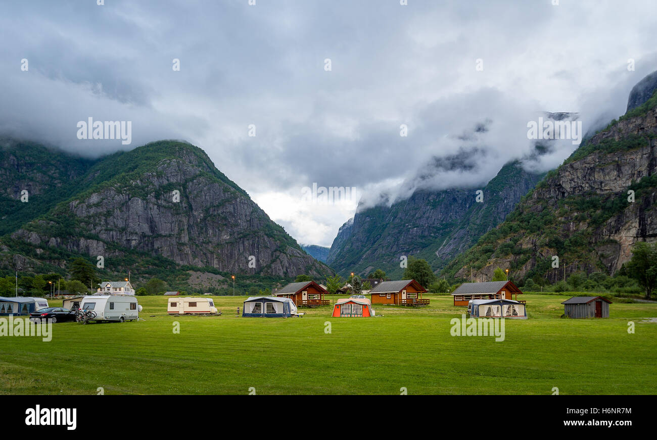 Panoramic view of camping at scenic mountain background, Eidfjord ...