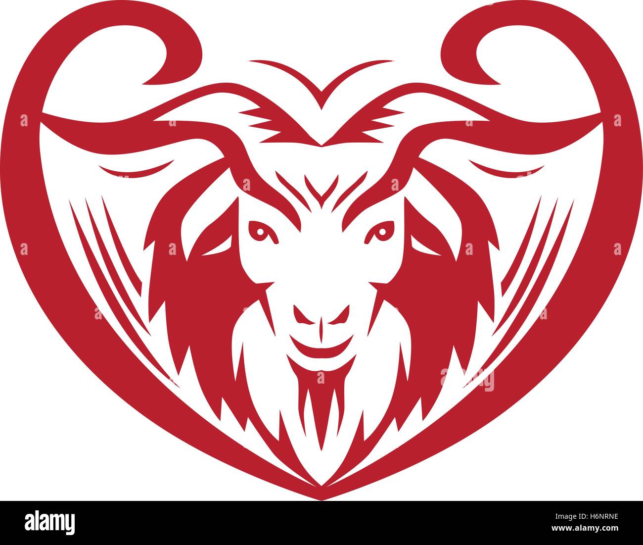 Illustration of a cashmere goat head viewed from front set inside heart ...