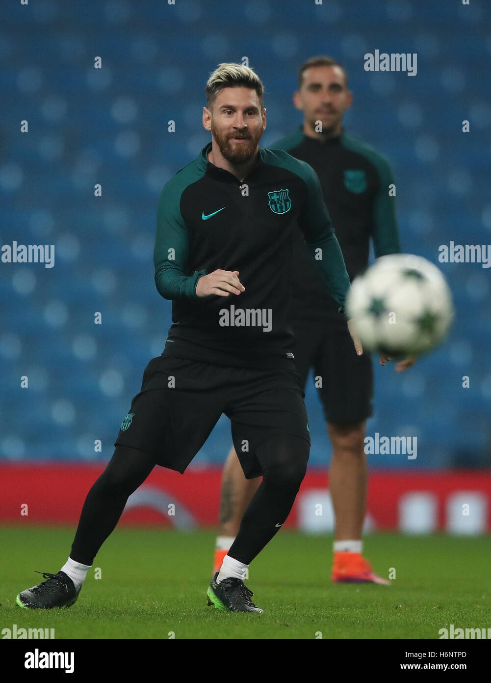 Barcelona's Lionel Messi during a training session at the Etihad ...