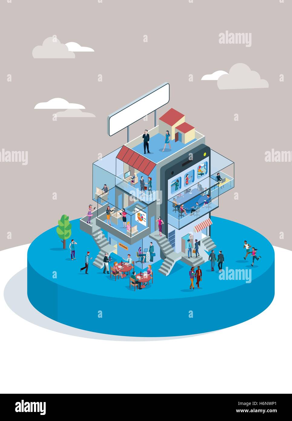 Modern Office Building In Isometric View with businessman and ...