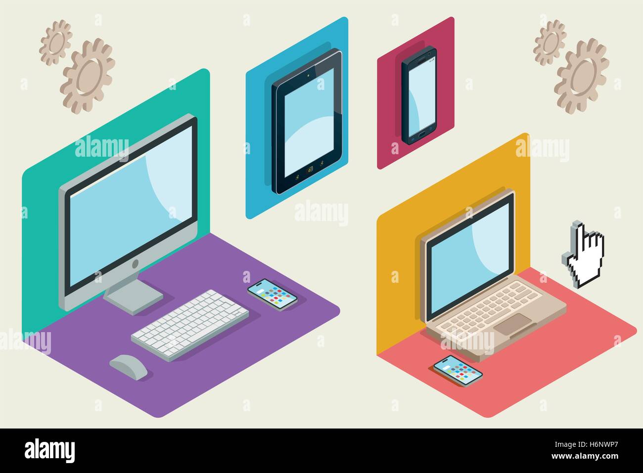 Isometric illustration with a computer, laptop, tablet and smartphone. Responsive web design ...