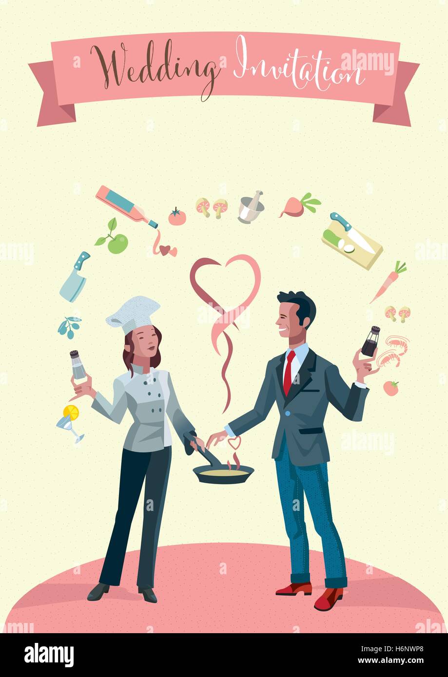 Wedding invitation. A young married couple dressed as chefs. Around ...