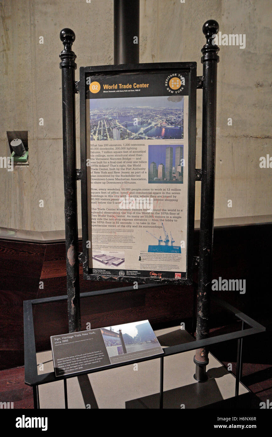 A Heritage Trails sign left standing on 9/11 on display in the 9/11 ...
