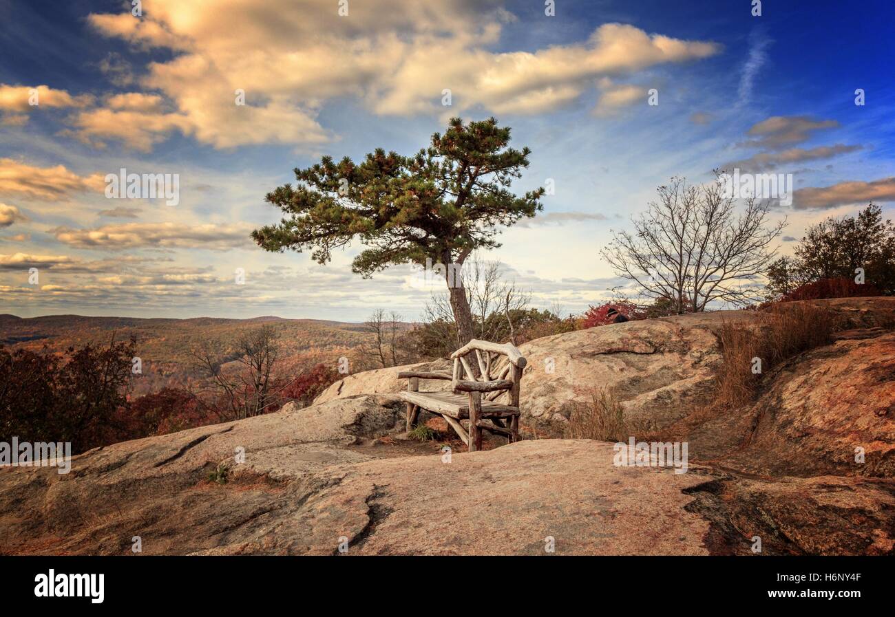 Wooden bench on top overlooking Bear Mountain State Park Stock Photo ...