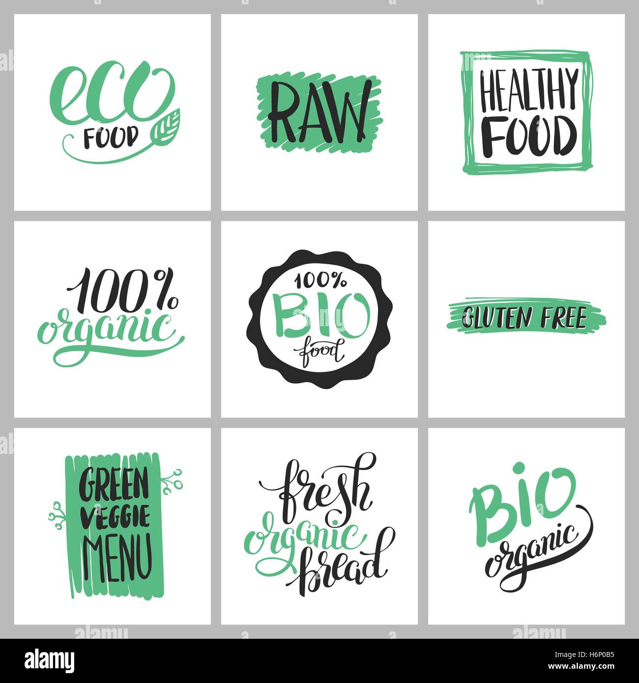 healthy food sticker set with handwritten inscription for produc Stock ...
