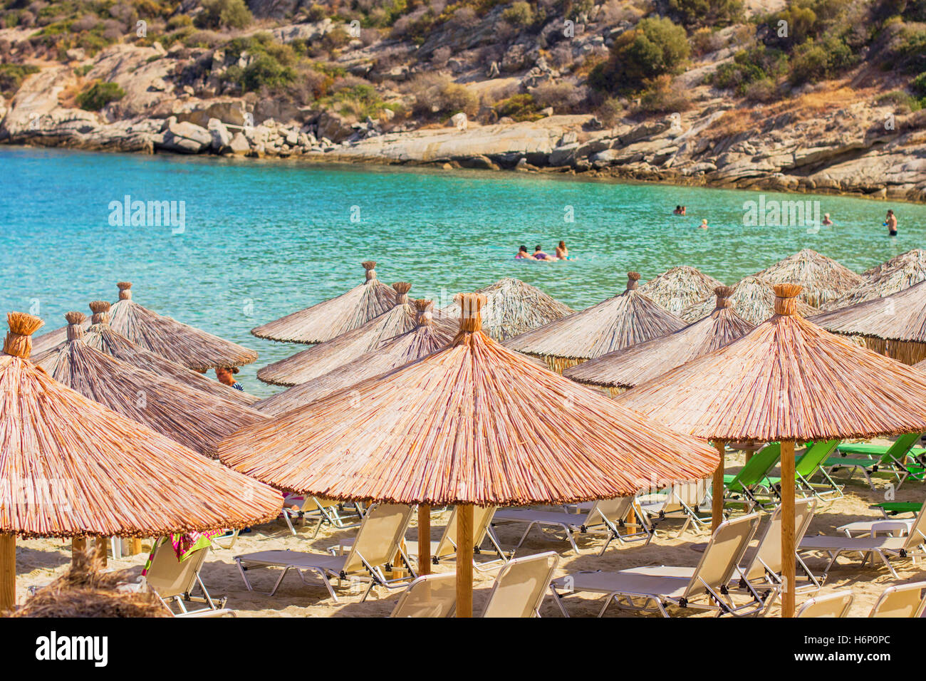 Greece summer vacation season, sand beach with sunshades, travel ...