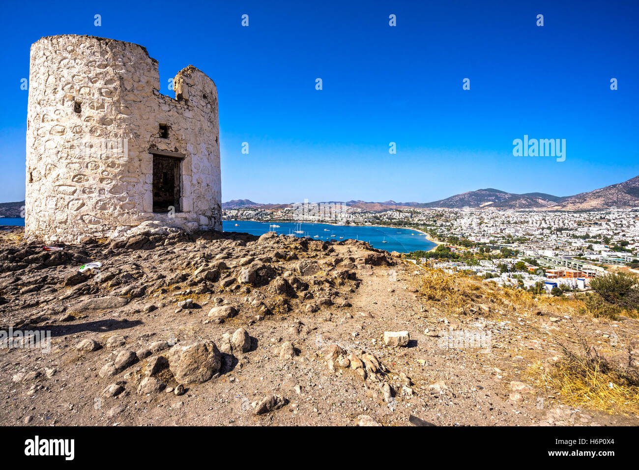 View of Bodrum Gumbet and old Windmill, Turkey Stock Photo - Alamy