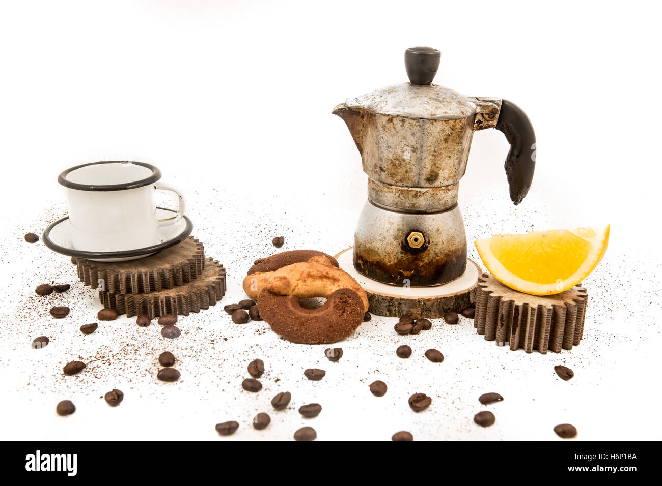 moca maker and coffee cup isolated on white background Stock Photo - Alamy