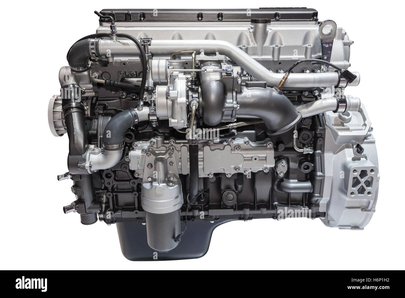 Modern six cylinder heavy duty turbo diesel engine isolated on white ...