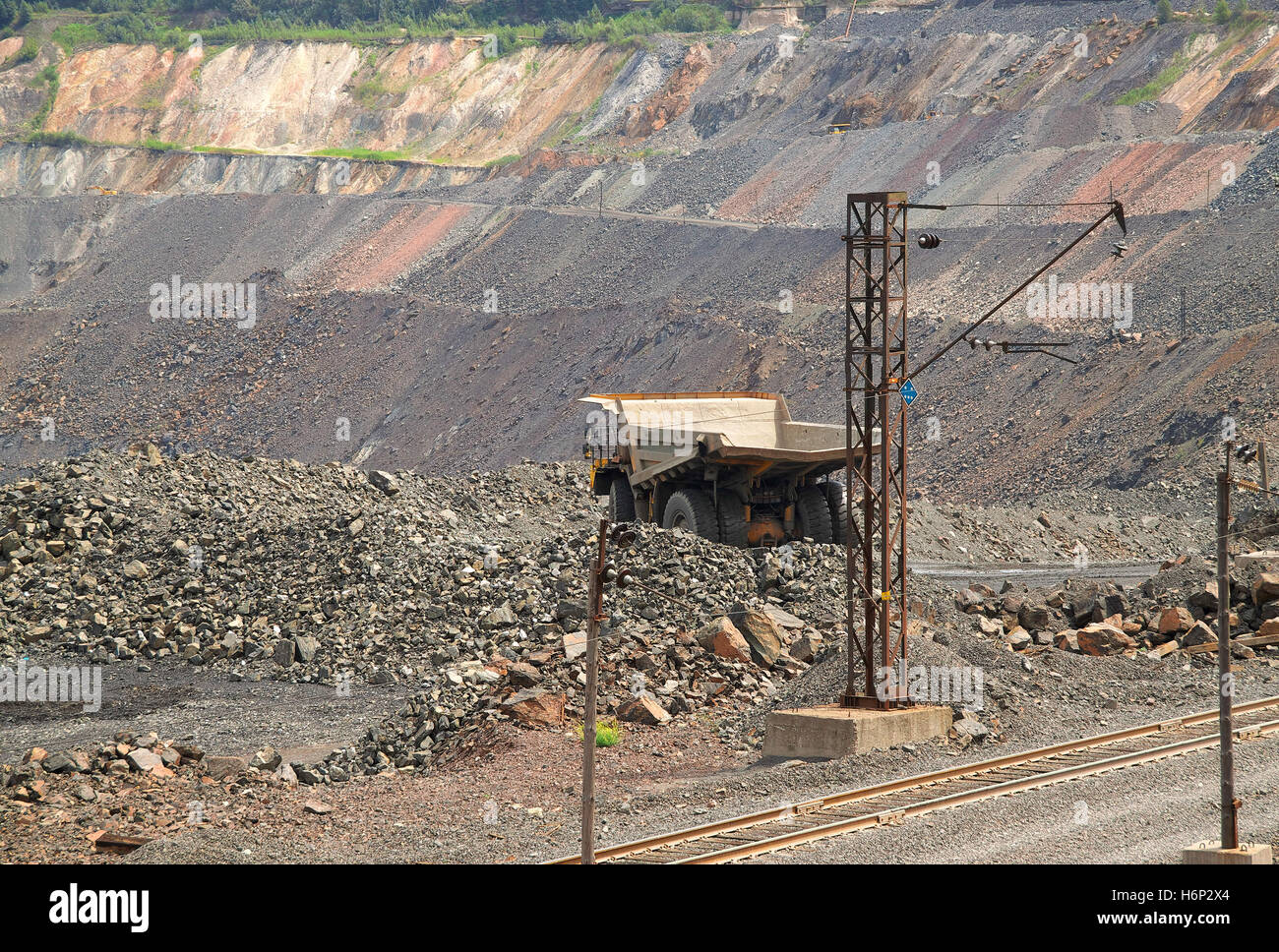 View to the iron ore opencast with dump truck, road and railway track ...
