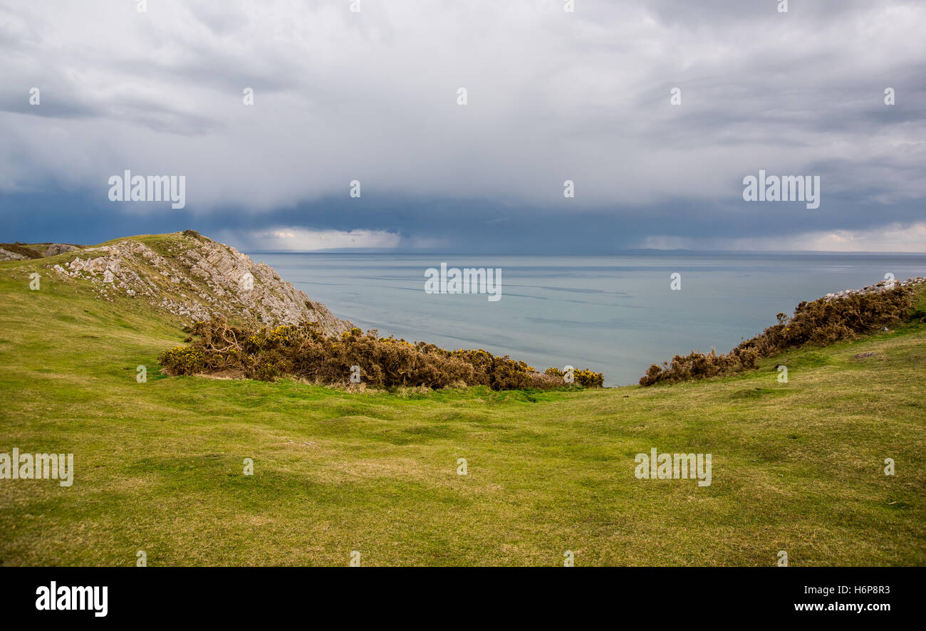 Heavy Rain falls in The Bristol Channel seen from Pennard Cliffs, Gower ...
