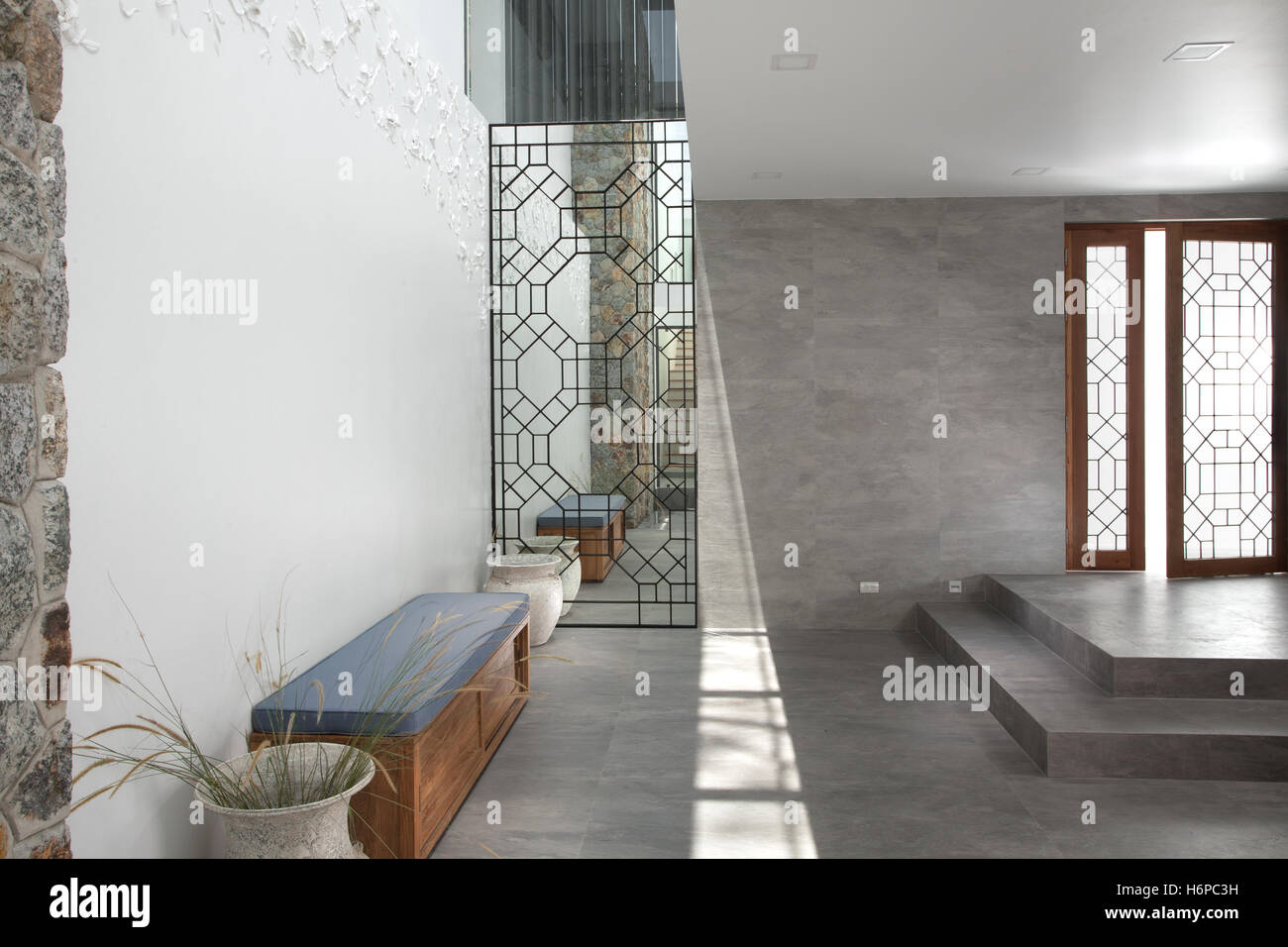 view of nice modern style lobby interior with bench and doorway Stock ...