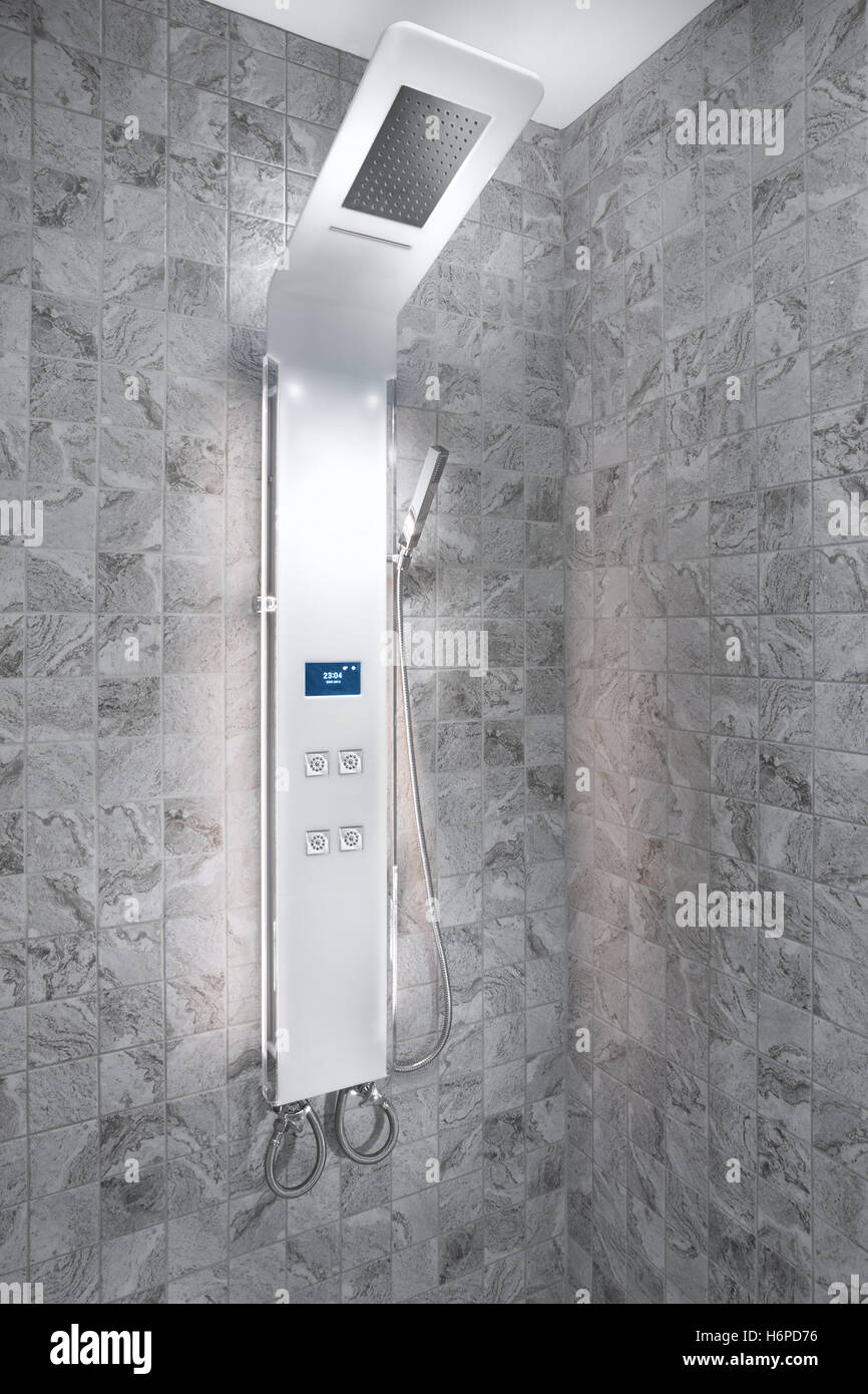 close up view of smart electronic shower panel in tiled room Stock ...