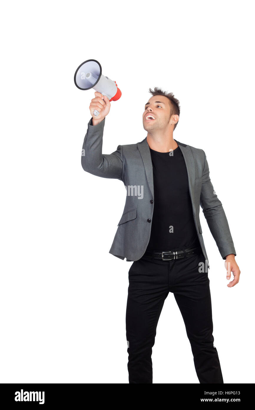 Stylish man with megaphone isolated on white background Stock Photo - Alamy