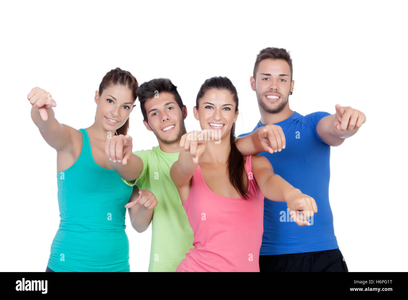 Happy friends pointing isolated on white background Stock Photo - Alamy