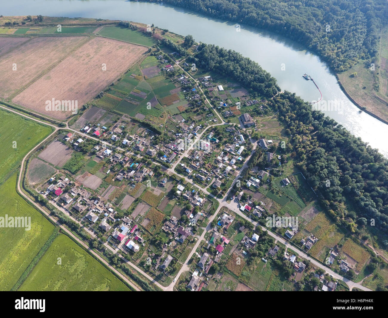 Top view of the small village. Aerophotographing above the village ...