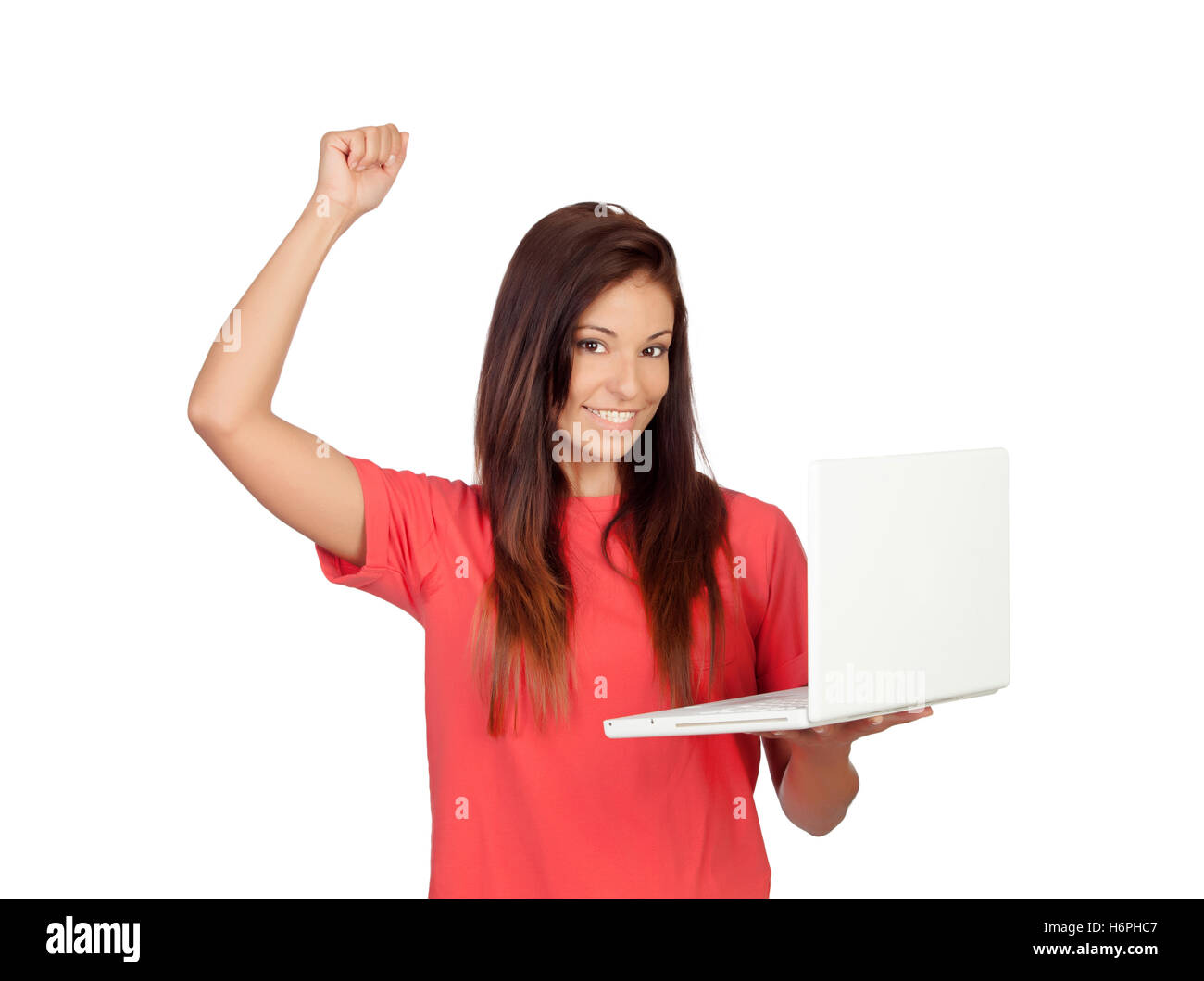 Winner girl with a laptop isolated on a white background Stock Photo ...