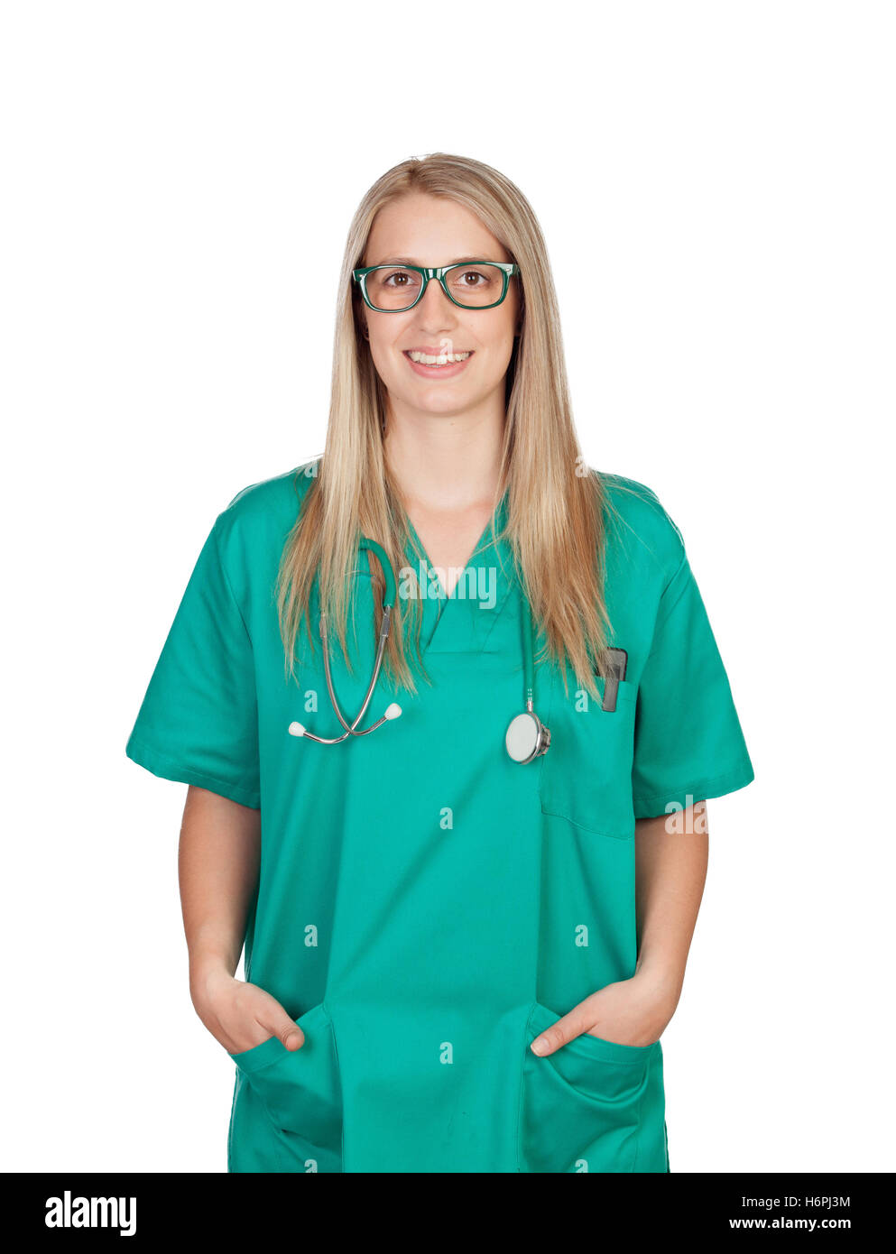 Atractive medical girl with glasses isolated on a white background ...