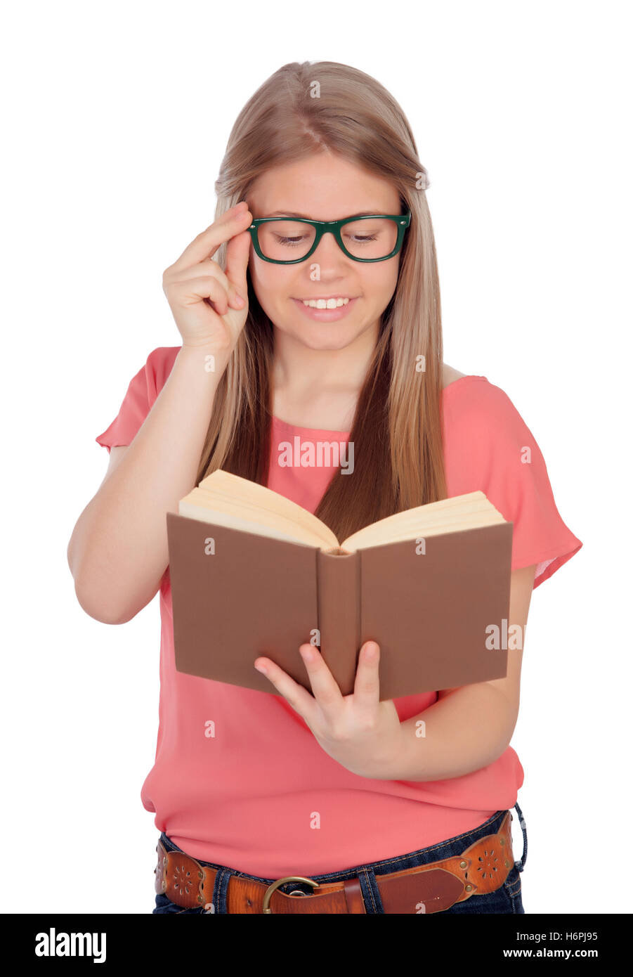 College student reading a book isolated on white background Stock Photo ...