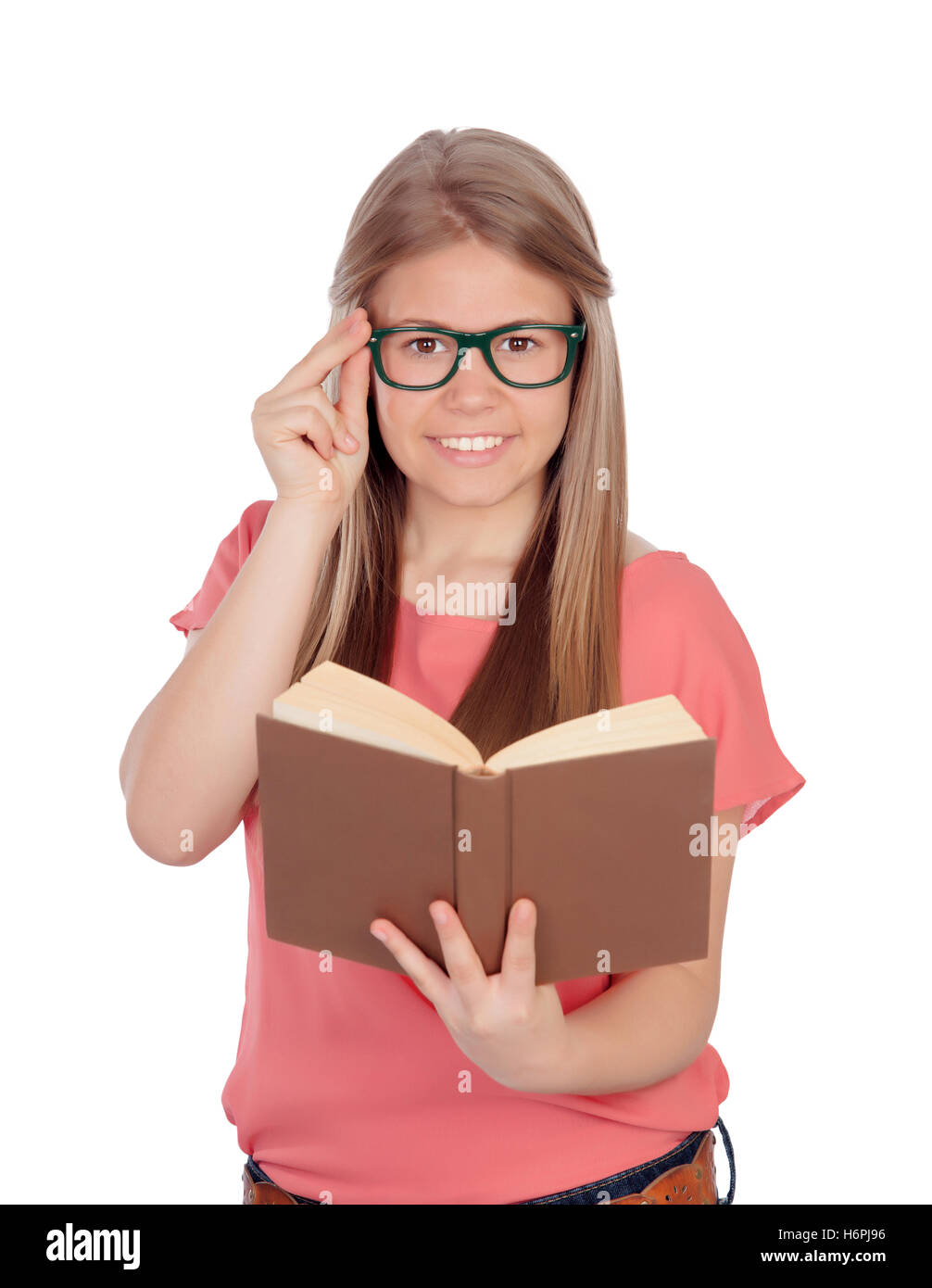 College student reading a book isolated on white background Stock Photo ...