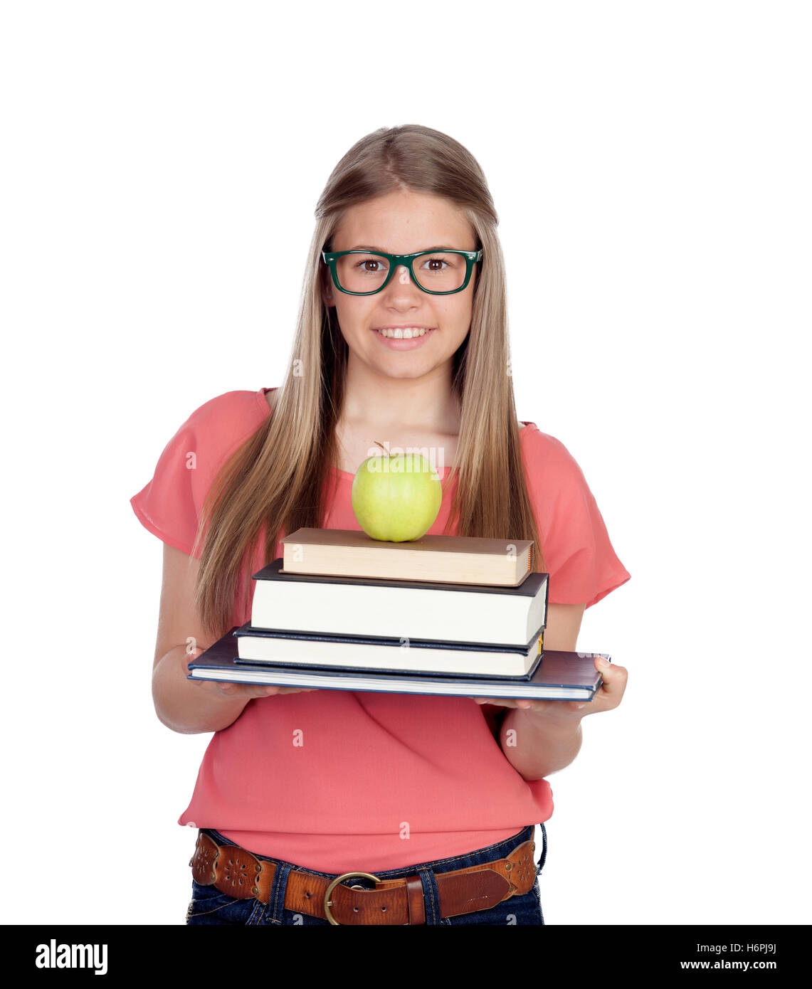 College student charged with books isolated on white background Stock ...