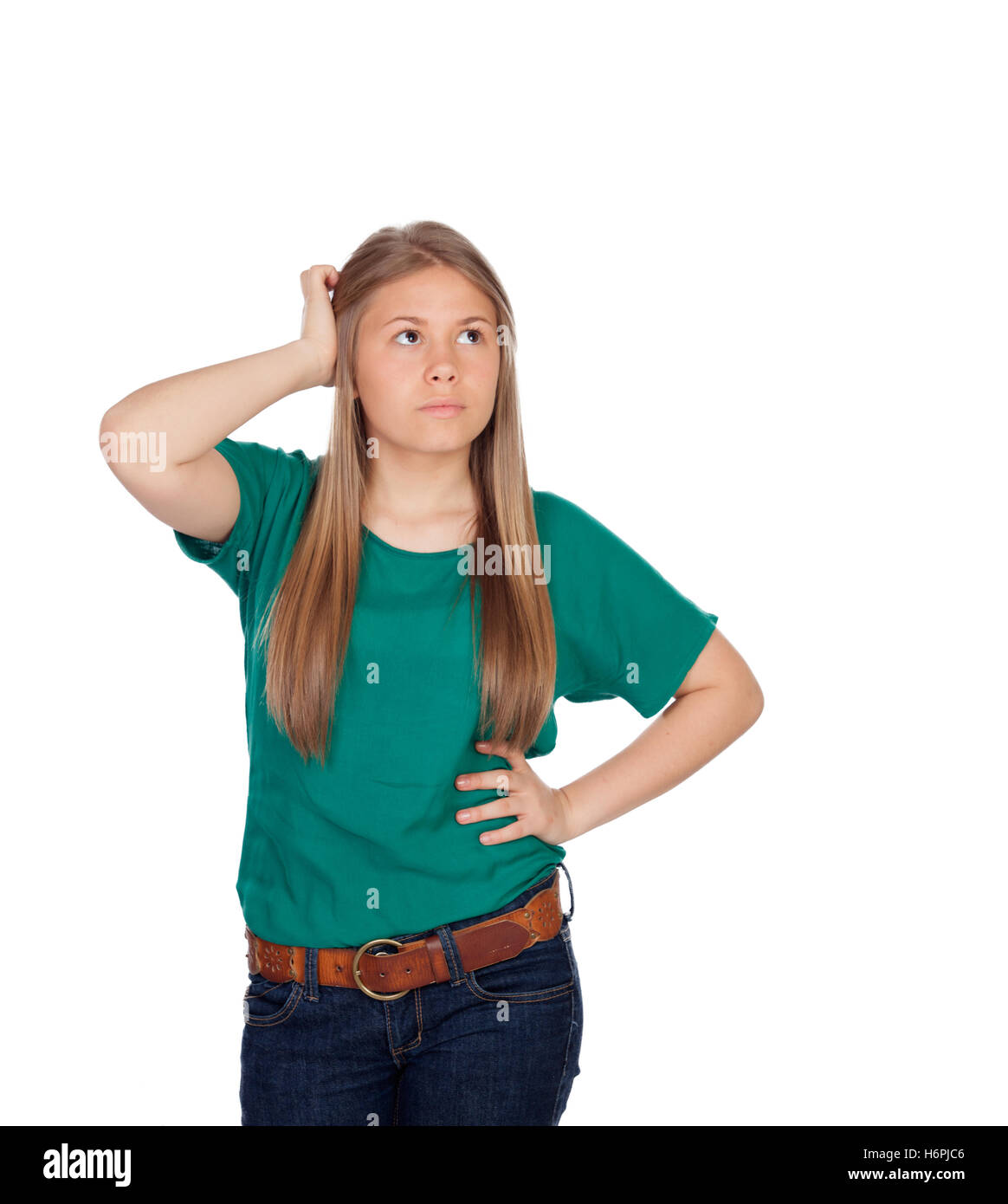 Indecisive girl looking up isolated on white background Stock Photo - Alamy