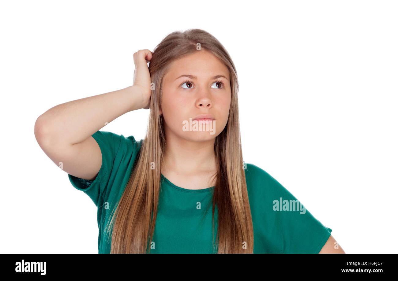 Indecisive girl looking up isolated on white background Stock Photo - Alamy