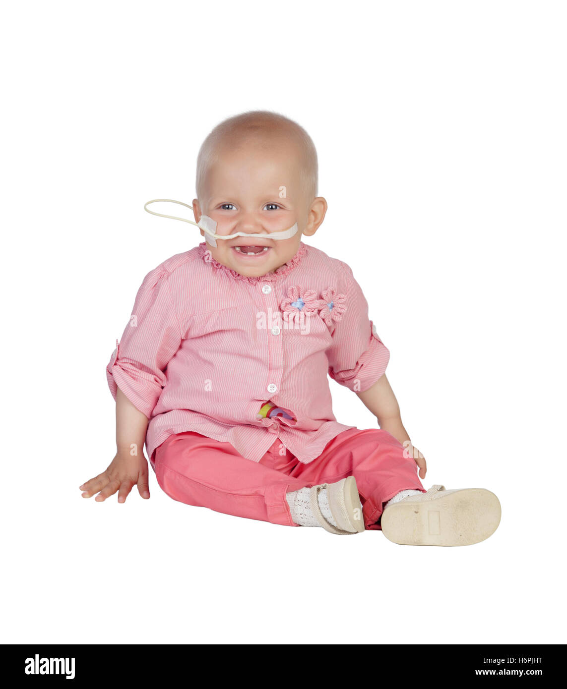 Adorable baby without hair beating the disease isolated on white ...
