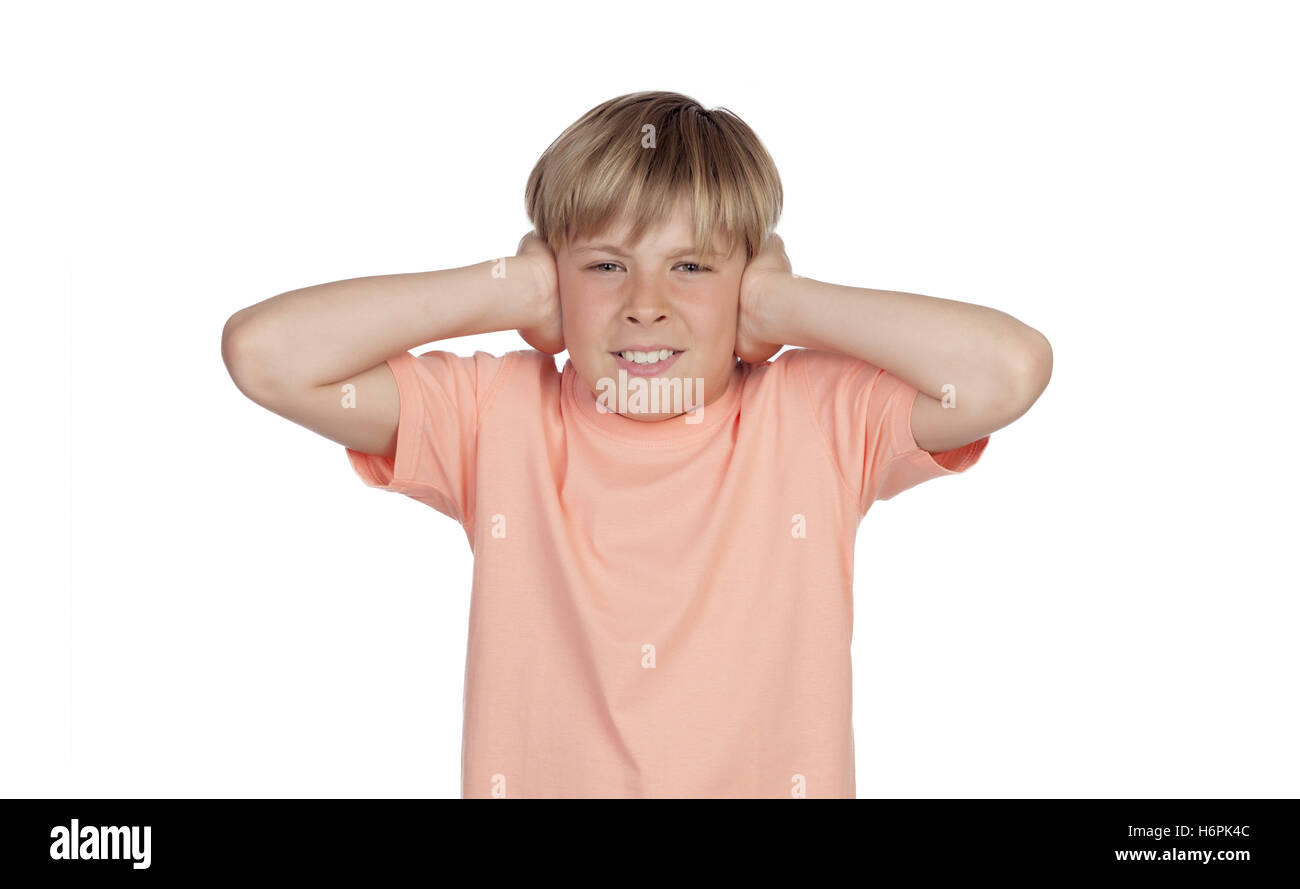 Preteen covering his ears isolated on white background Stock Photo - Alamy