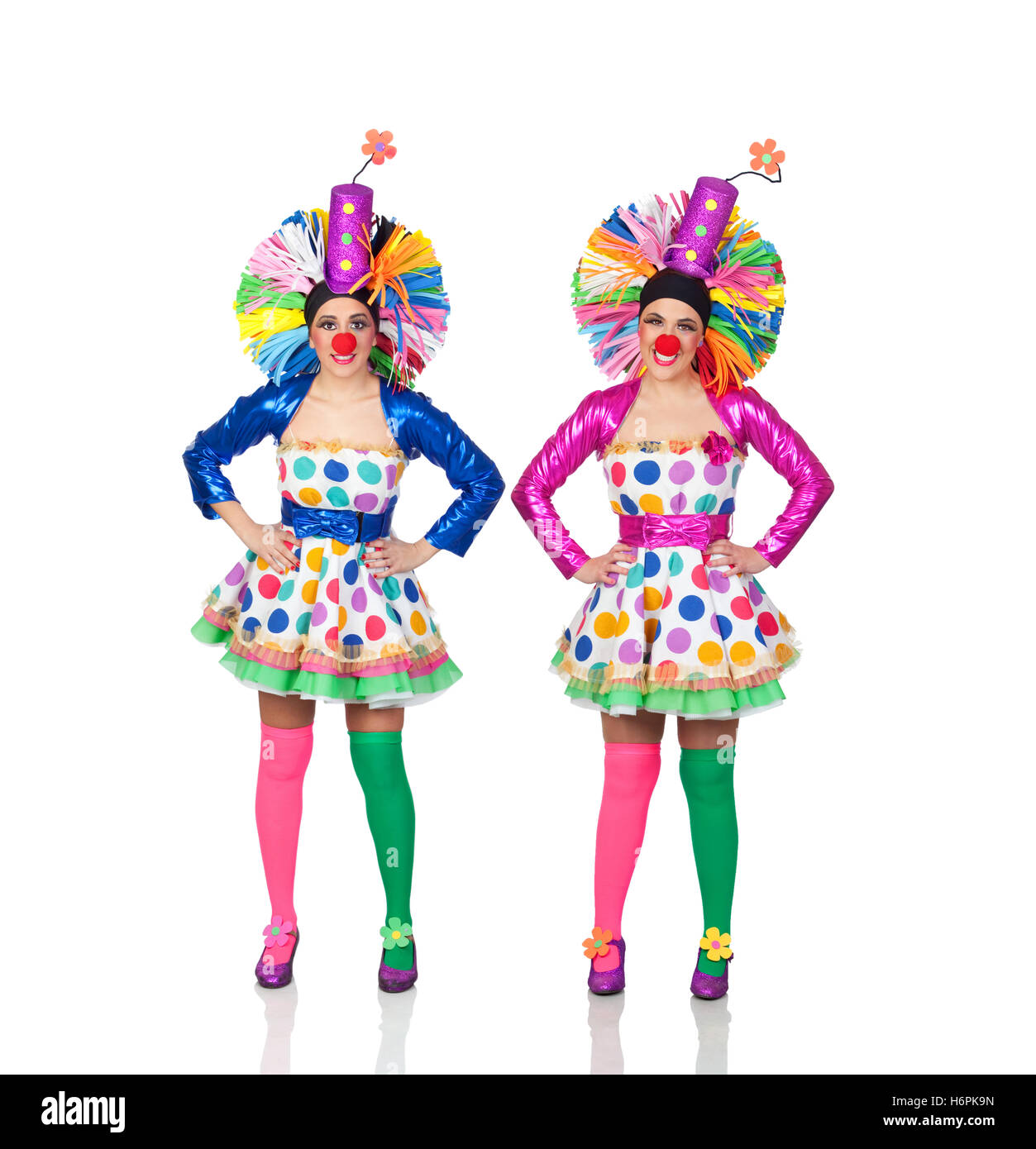 Two Identical Female Clown Isolated Over White Background Stock Photo ...