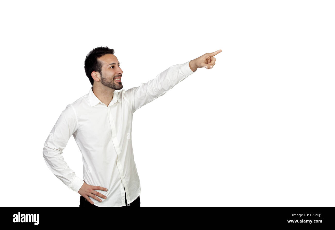 Attractive young men pointing something isolated on white background ...