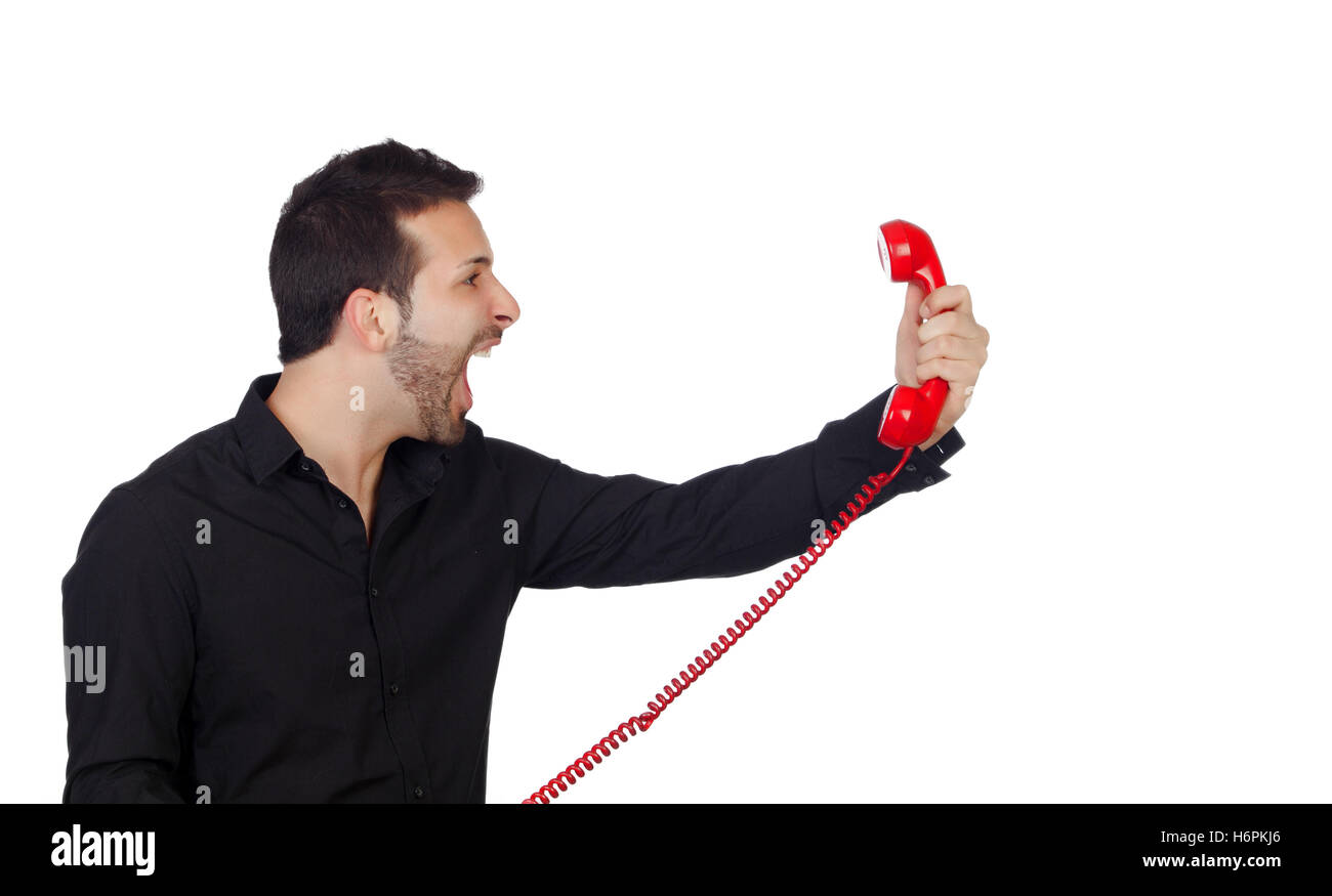 Angry Businessman shouting At Phone Isolated On White Background Stock ...