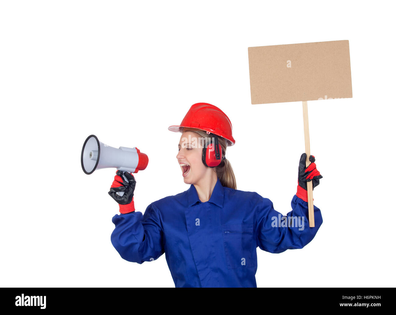 Industrial worker woman with a megaphone and a poster isolated on white ...