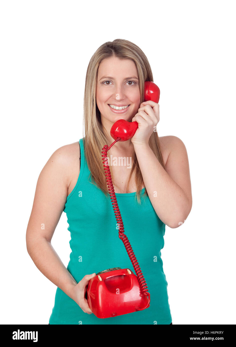 Attractive brunette girl calling with red phone isolated on white ...