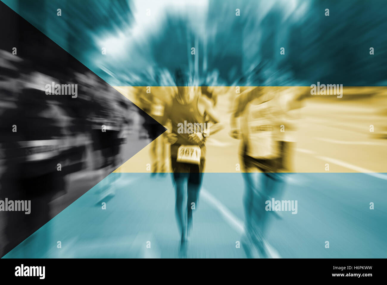 Marathon runner motion blur with blending Bahamas flag Stock Photo - Alamy