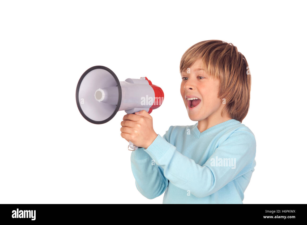 Portrait of adorable child with a megaphone isolated on a over white ...