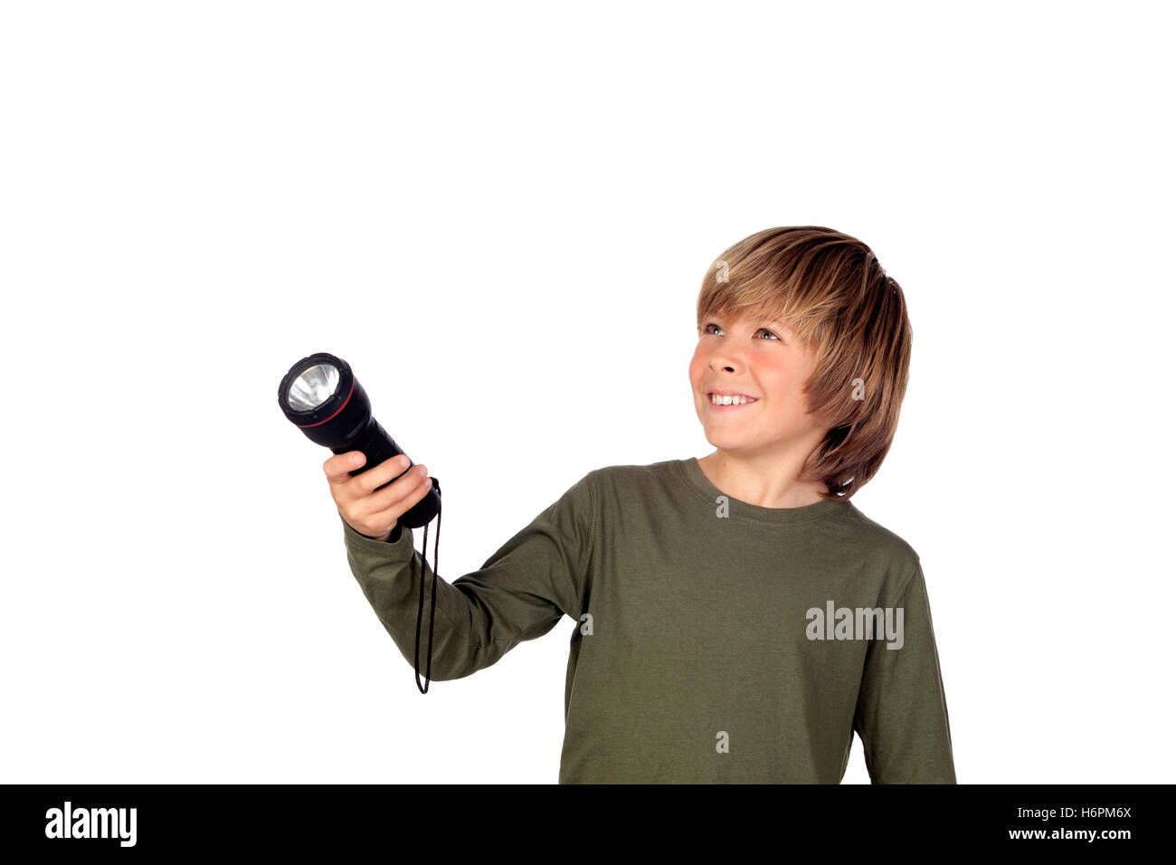 Child with a flashlight looking for something on white background Stock ...